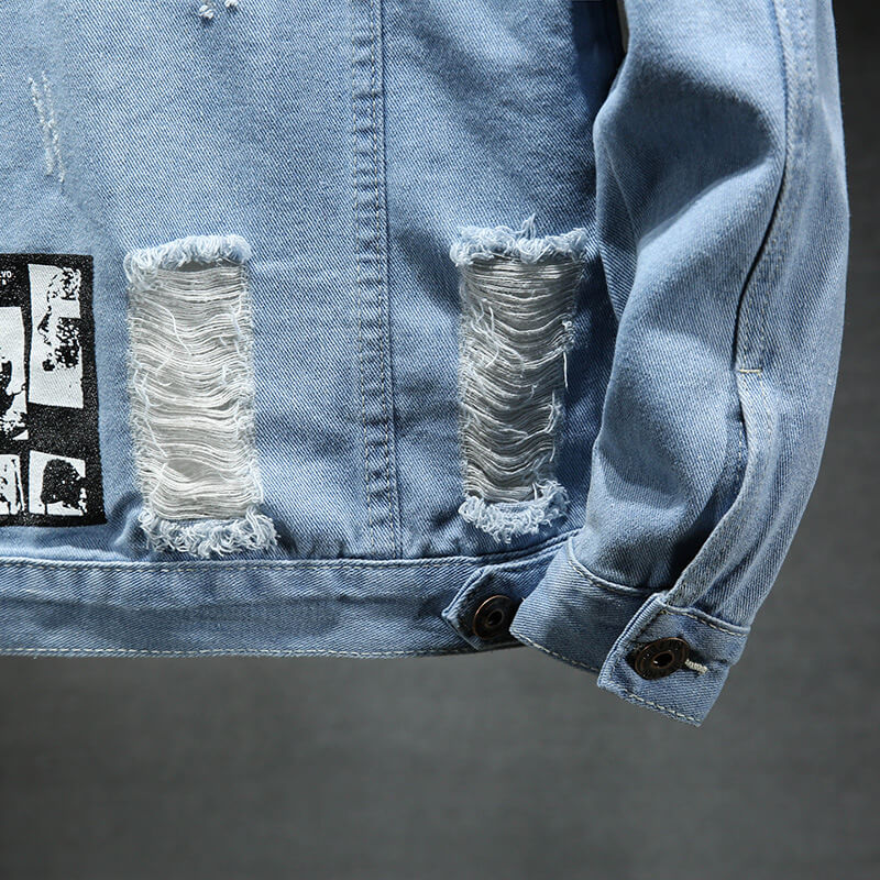 Printed Men's Ripped Jean Jacket Denim Trucker Jacket – HiHalley