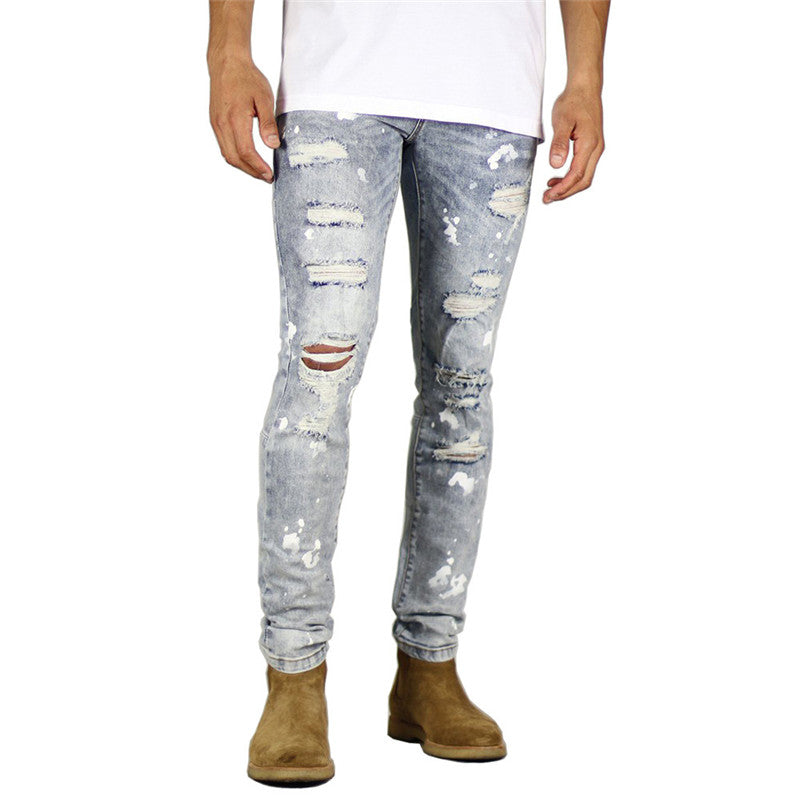 Men's Ripped Jeans Paint Splash-ink Jeans Mid Waist Straight Pants ...