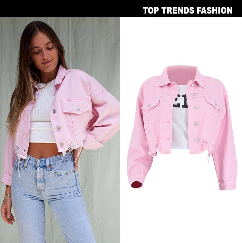 Women's Loose Denim Jean Button Down Classic Pink Jacket Coats – HiHalley