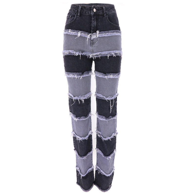 High Waisted Women's Straight Jeans Two Tone Jeans Patchwork Jeans ...