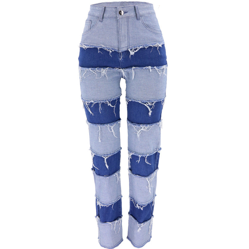 High Waisted Women's Straight Jeans Two Tone Jeans Patchwork Jeans ...