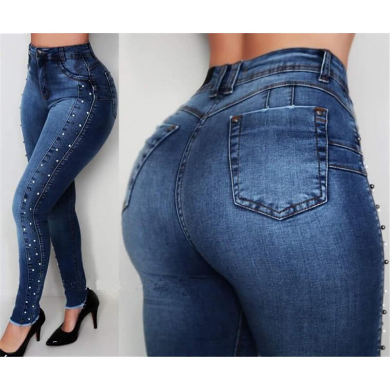 Women Elasticity Skinny Lift Hips Pencil Pants Stud Bead Pants – HiHalley