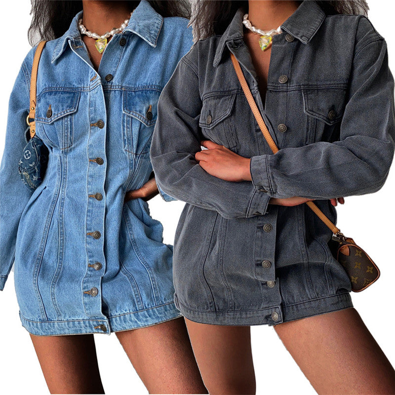 Women's Medium Length One-piece Dress Denim Jacket Outerwear – HiHalley